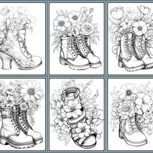 45 Floral Boots Coloring Pages, Blooming Shoes Printable Grayscale ...