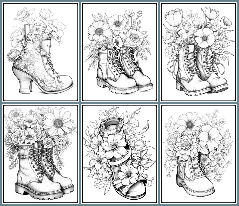 45 Floral Boots Coloring Pages, Blooming Shoes Printable Grayscale ...