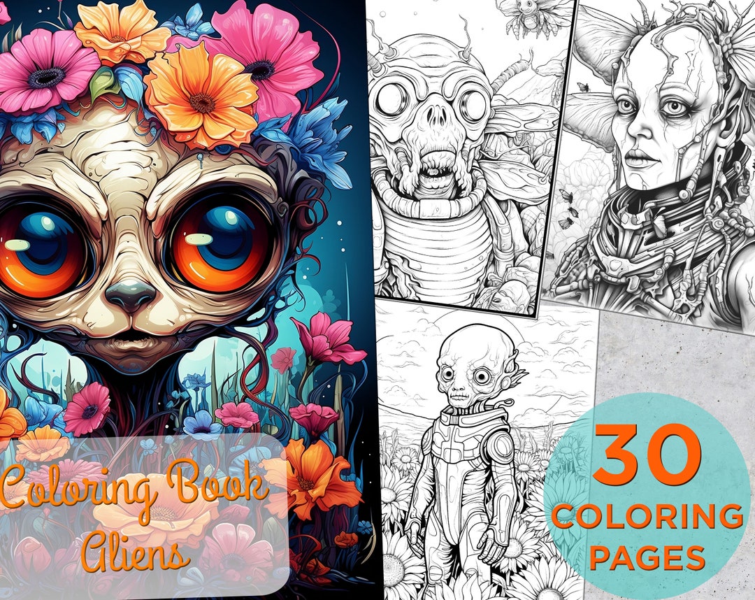 30 Aliens Coloring Pages, Adults Printable Grayscale Coloring Book With ...