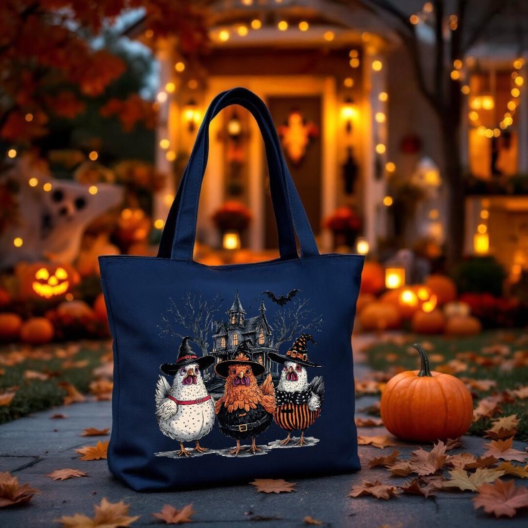 Funny Halloween Chicken Tote Bag With Pocket, Spooky Witch Chickens ...