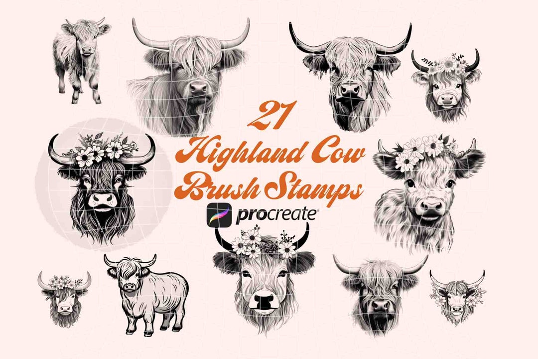 Highland Cow Stamp Brush Set for Procreate | Digital Craft Stamps ...