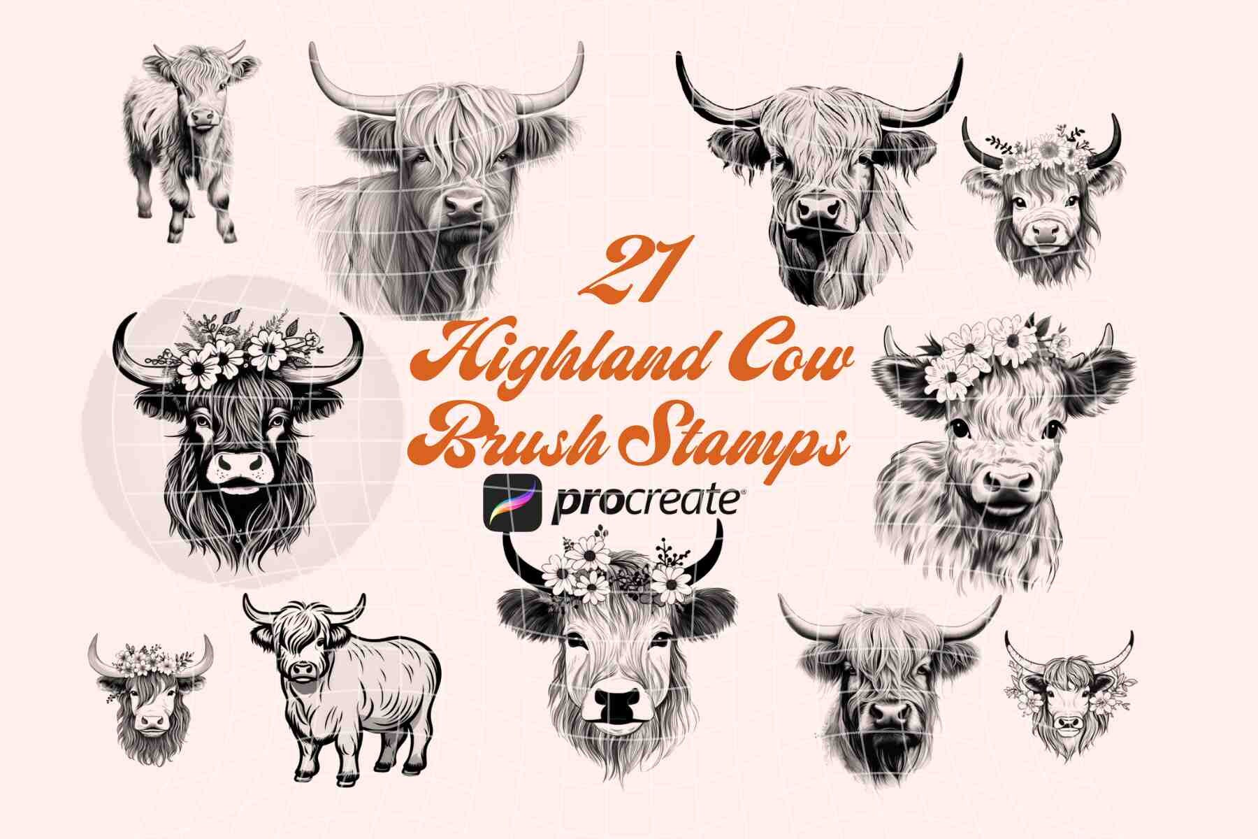 Highland Cow Stamp Brush Set for Procreate | Digital Craft Stamps ...