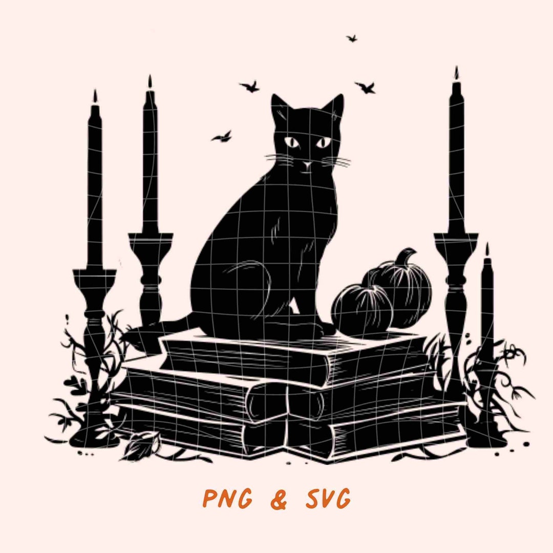 Black Cat Books Bats Halloween Clipart PNG SVG File Spooky Season ...