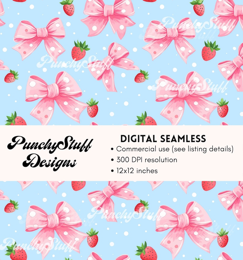 SEAMLESS FILE Strawberries Pink Pastel Bows Illustrated Pattern ...