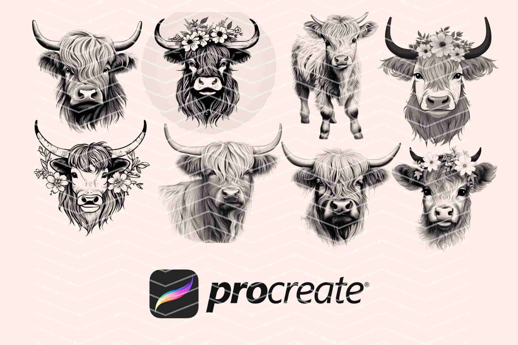 Highland Cow Stamp Brush Set for Procreate | Digital Craft Stamps ...