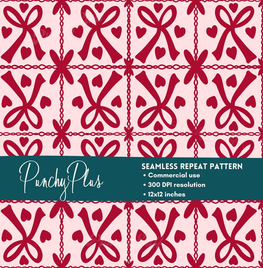 Coquette Pink & Red Bow Heart Seamless Pattern, Valentine Tile Repeat ...