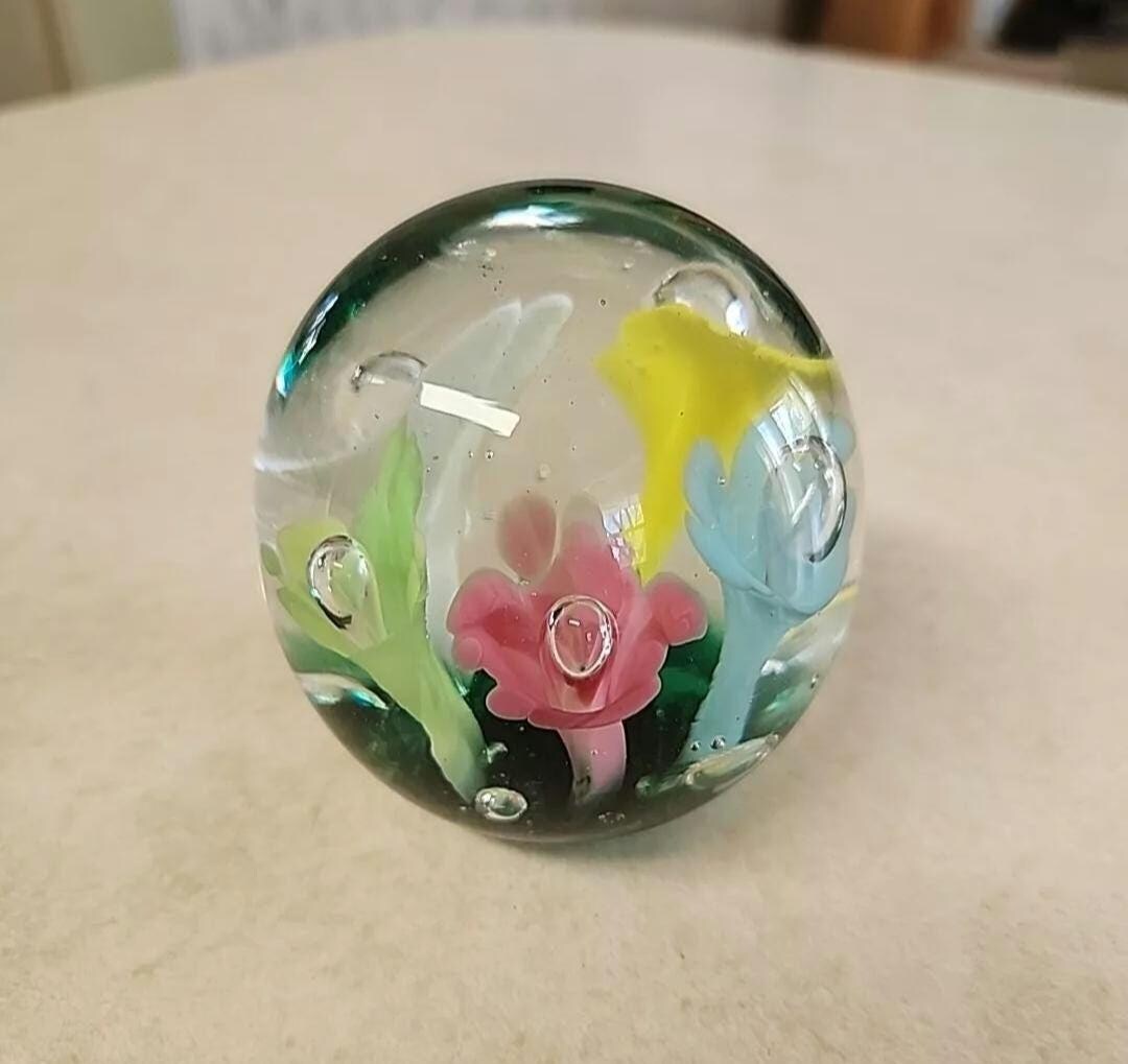 Joe Rice St Clair Trumpet Flowers Bubble Paperweight Blue Pink Yellow ...