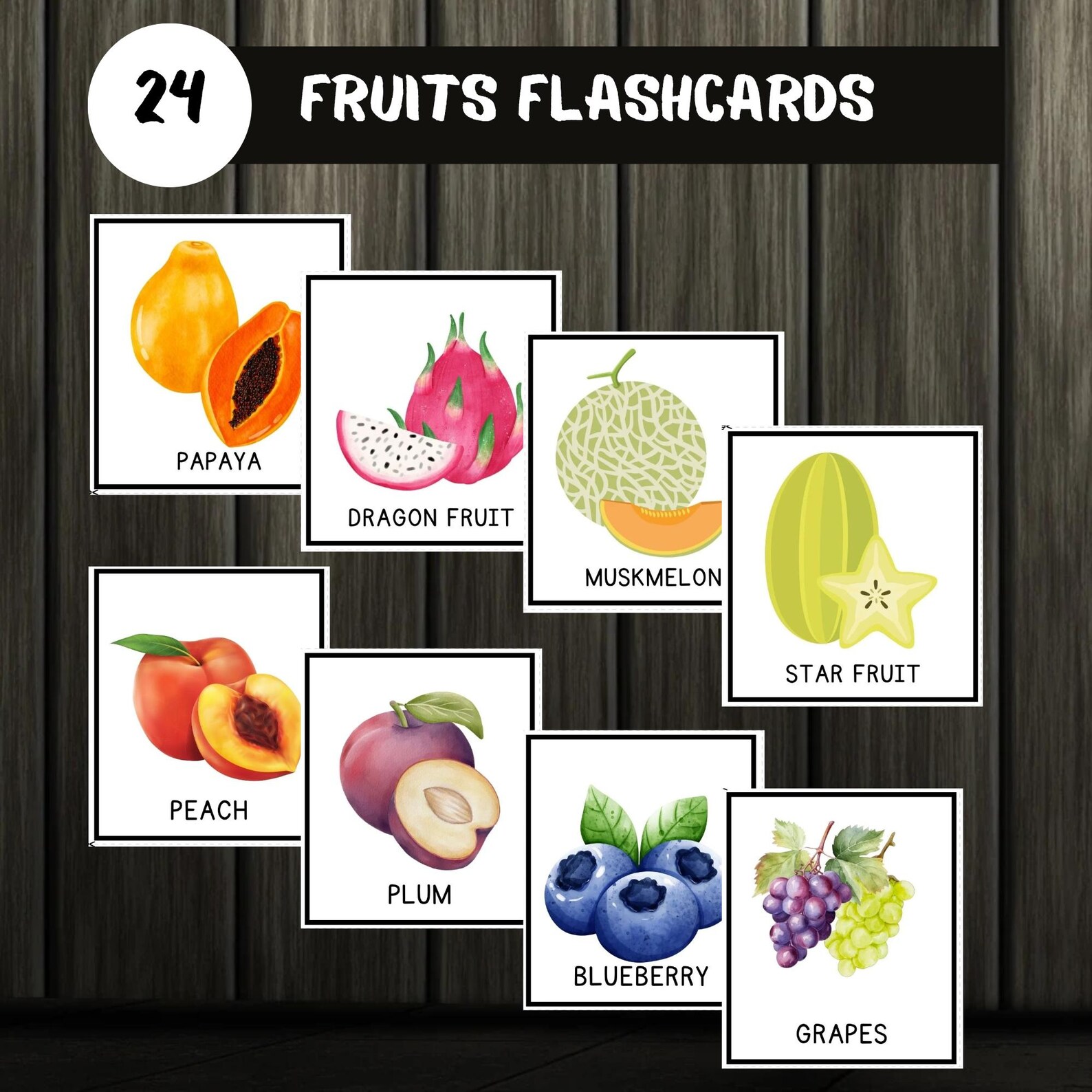 Fruits Flashcards Printable | 24 Fruits | PDF + JPG | A4 & US Letter ...