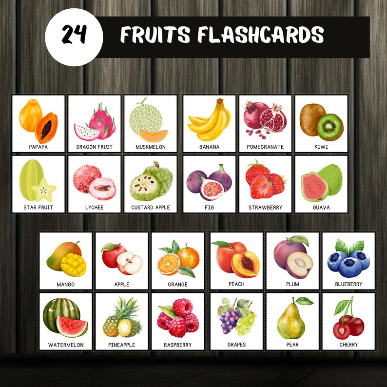 Fruits Flashcards Printable | 24 Fruits | PDF + JPG | A4 & US Letter ...