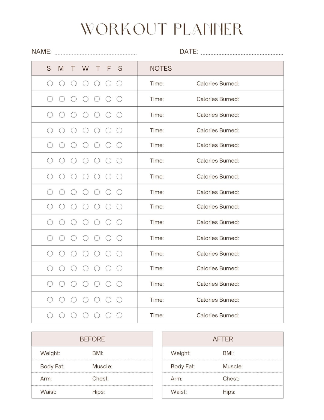 Workout Planner- Printable - Etsy