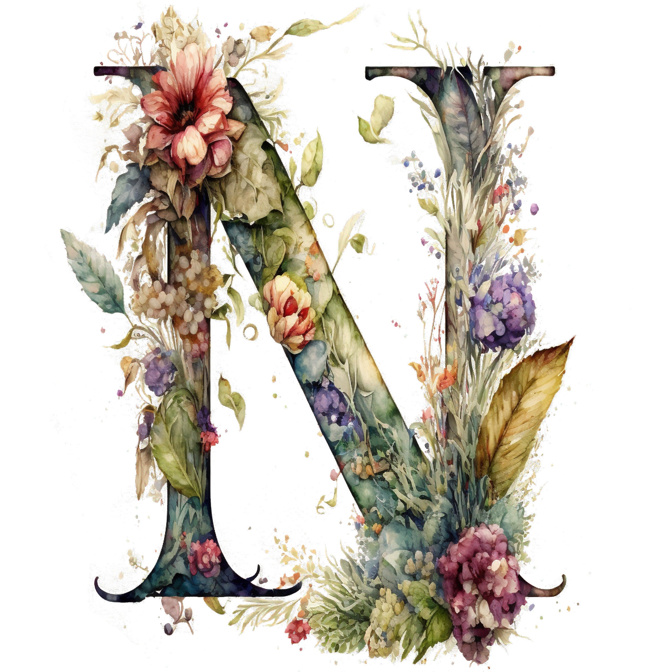 Letter N Floral Monogram Initial Download Wildflowers - Etsy
