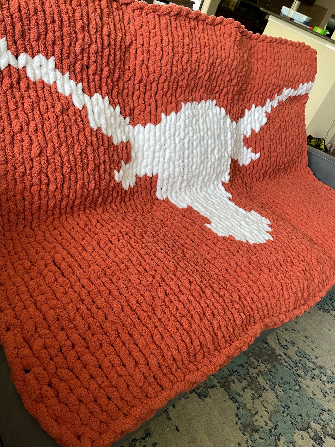 Hand-knit UT Longhorn Blanket: Burnt Orange & White Polyester - Etsy