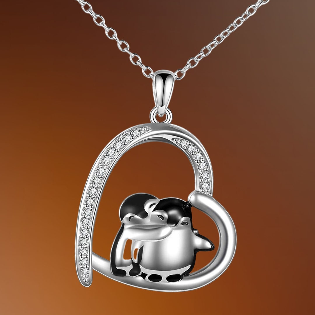 Penguin Necklace Love Heart Pendant 925 Sterling Silver Hugging ...