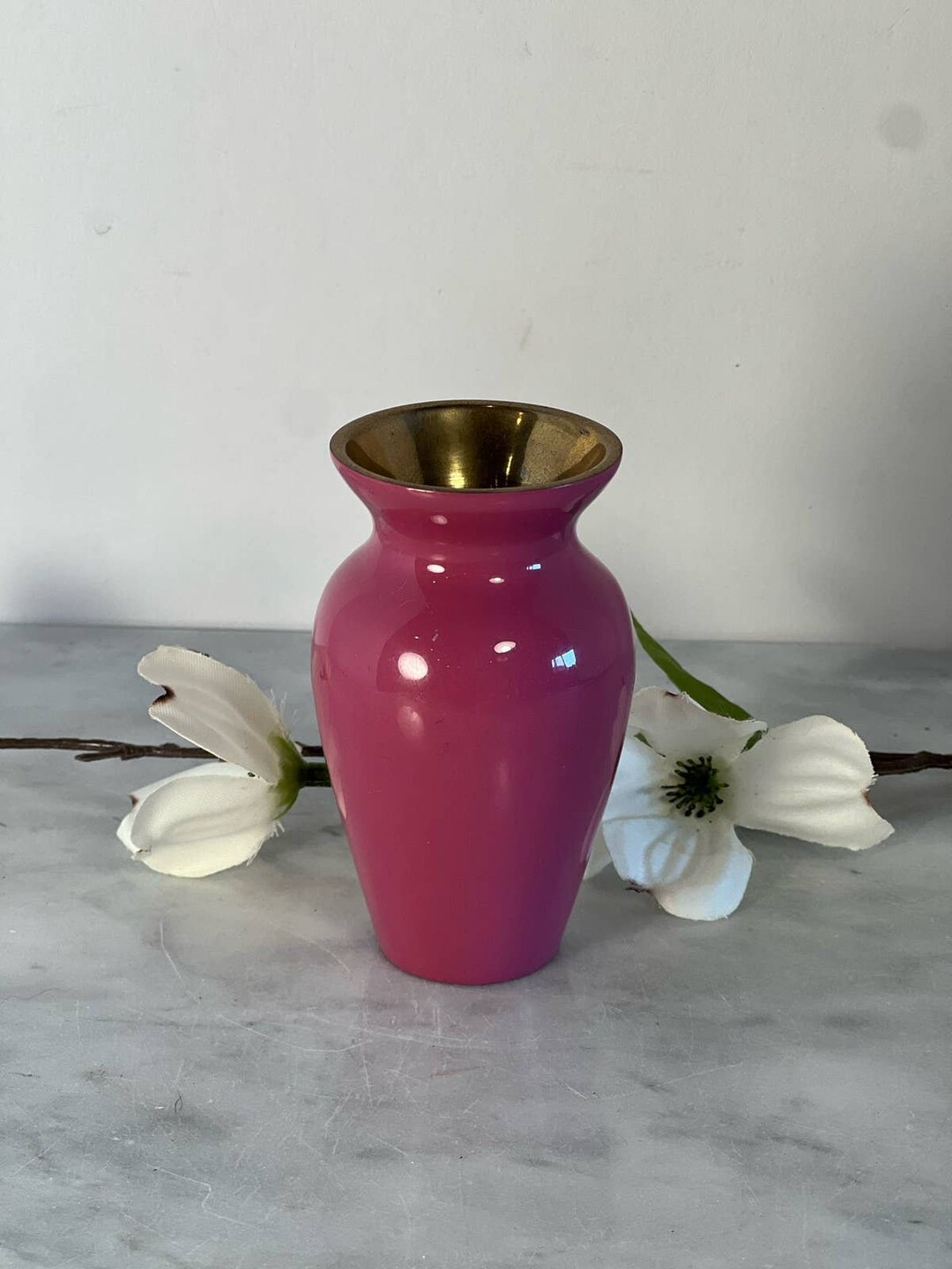 Vintage Very Small Brass Vase With Pink Enamel - Etsy