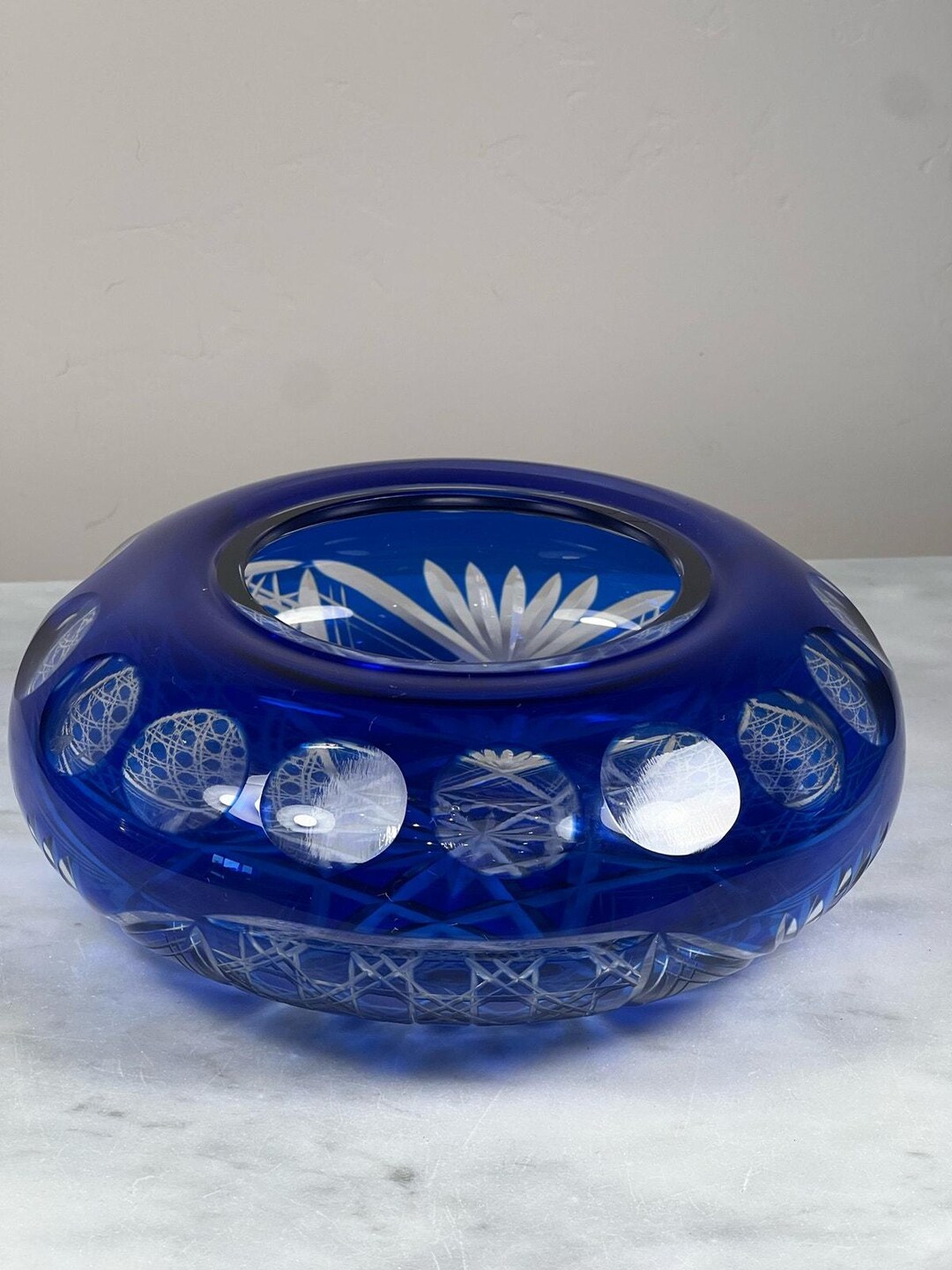 Vintage Bohemian Glass Cobalt Blue Rose Bowl Cut to Clear Crystal Glass ...