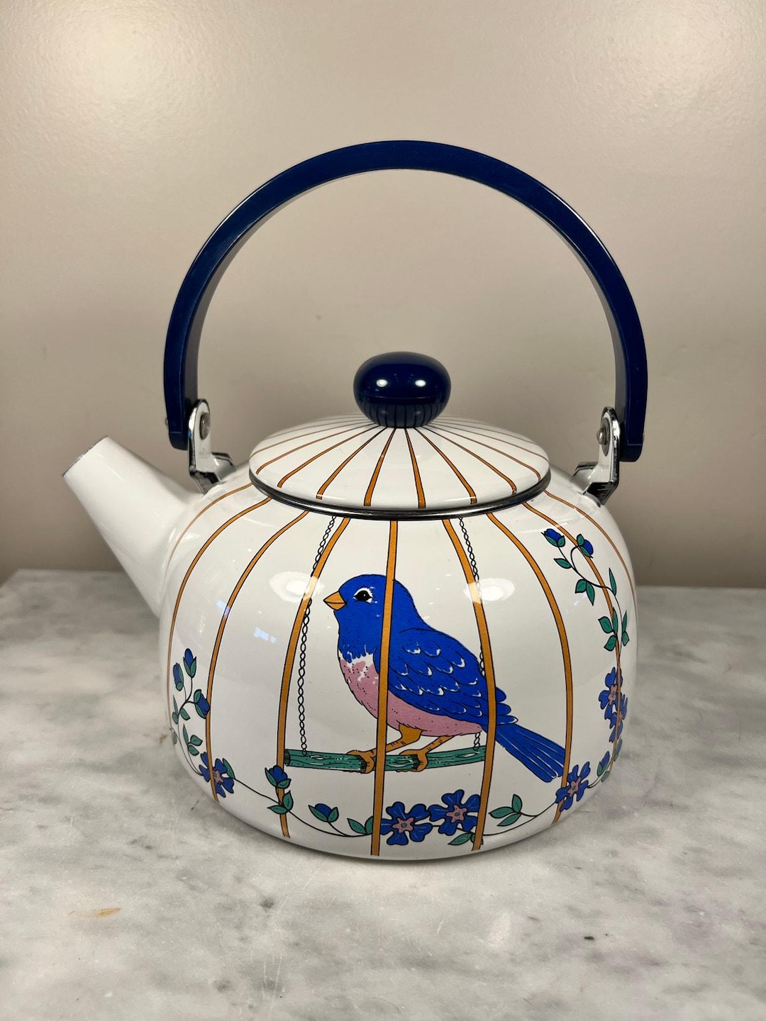 Vintage Enamel Tea Kettle With Bird - Etsy