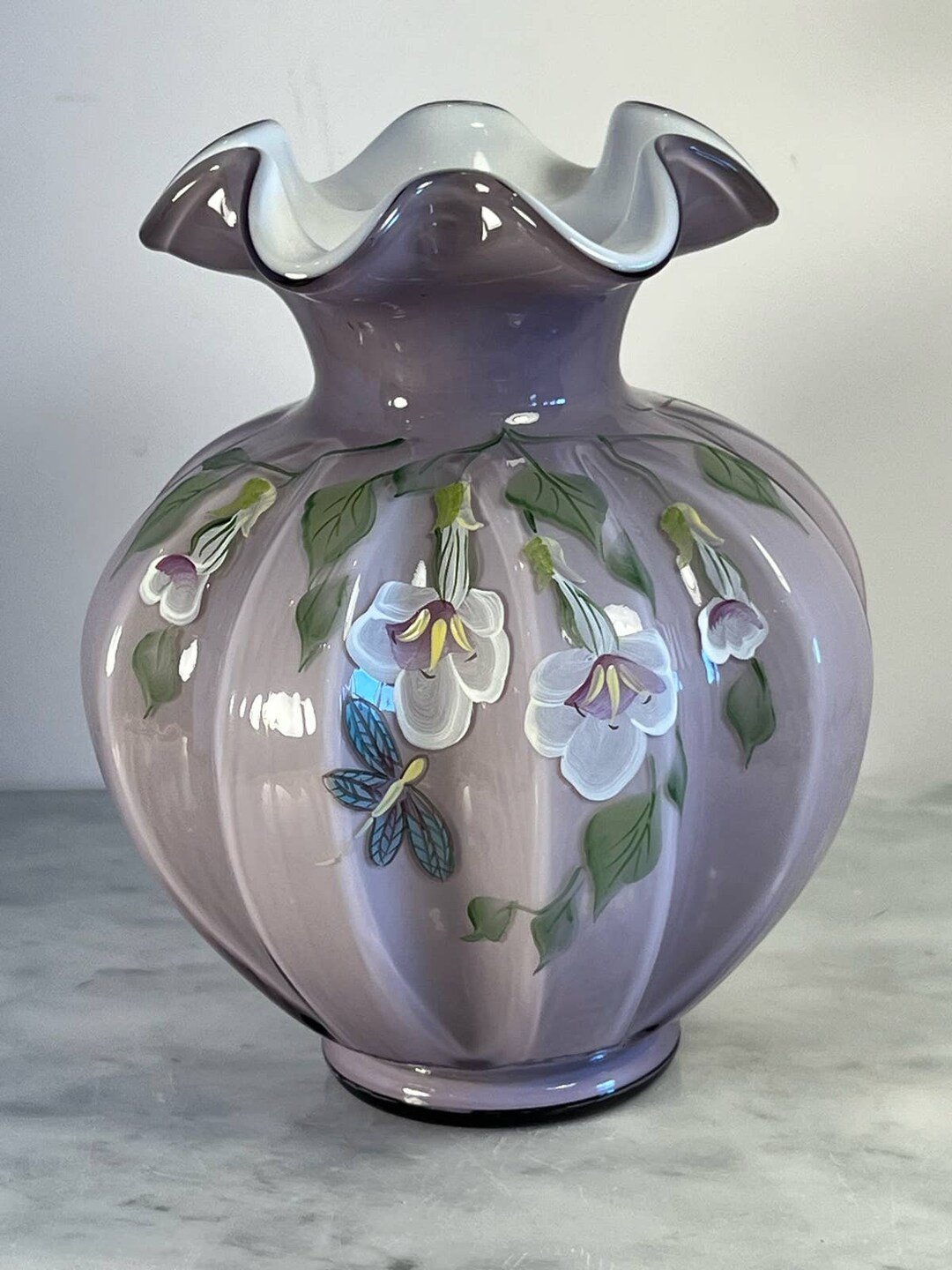 Vintage Fenton Sweetbriar Art Glass Vase Lavender Overly Signed N ...