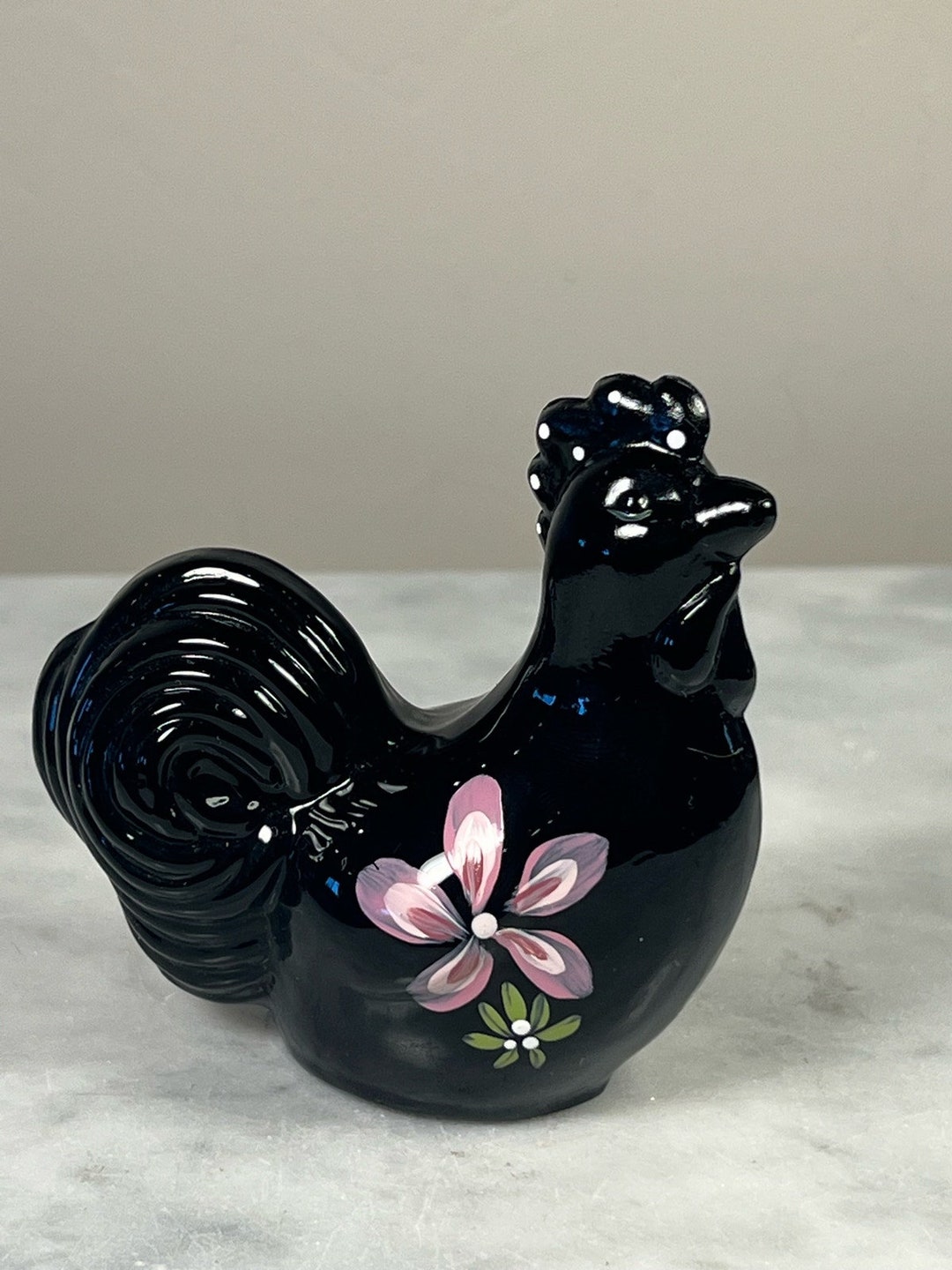 Fenton Glass Black Rooster Figurine Flower Power Collection Hand ...