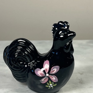 Fenton Glass Black Rooster Figurine Flower Power Collection Hand ...
