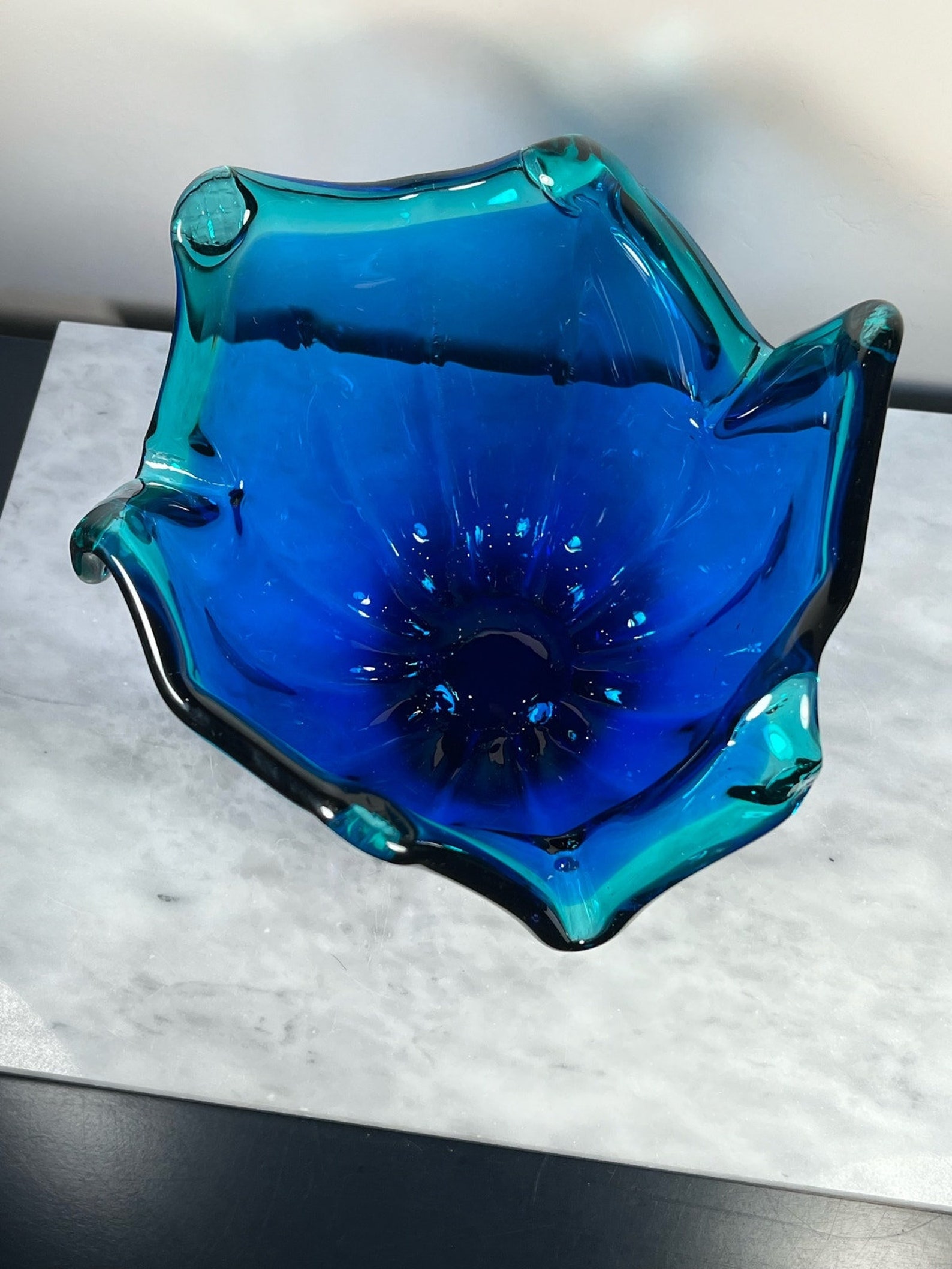 Murano Style White Cristal Italian Art Glass Cobalt Bowl With Green ...