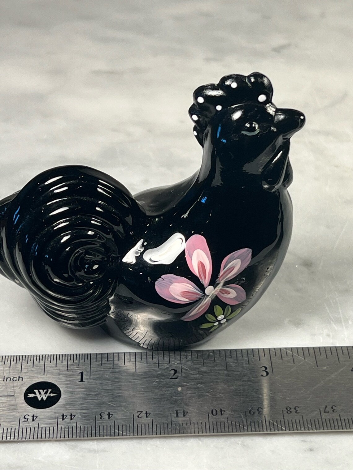 Fenton Glass Black Rooster Figurine Flower Power Collection Hand ...