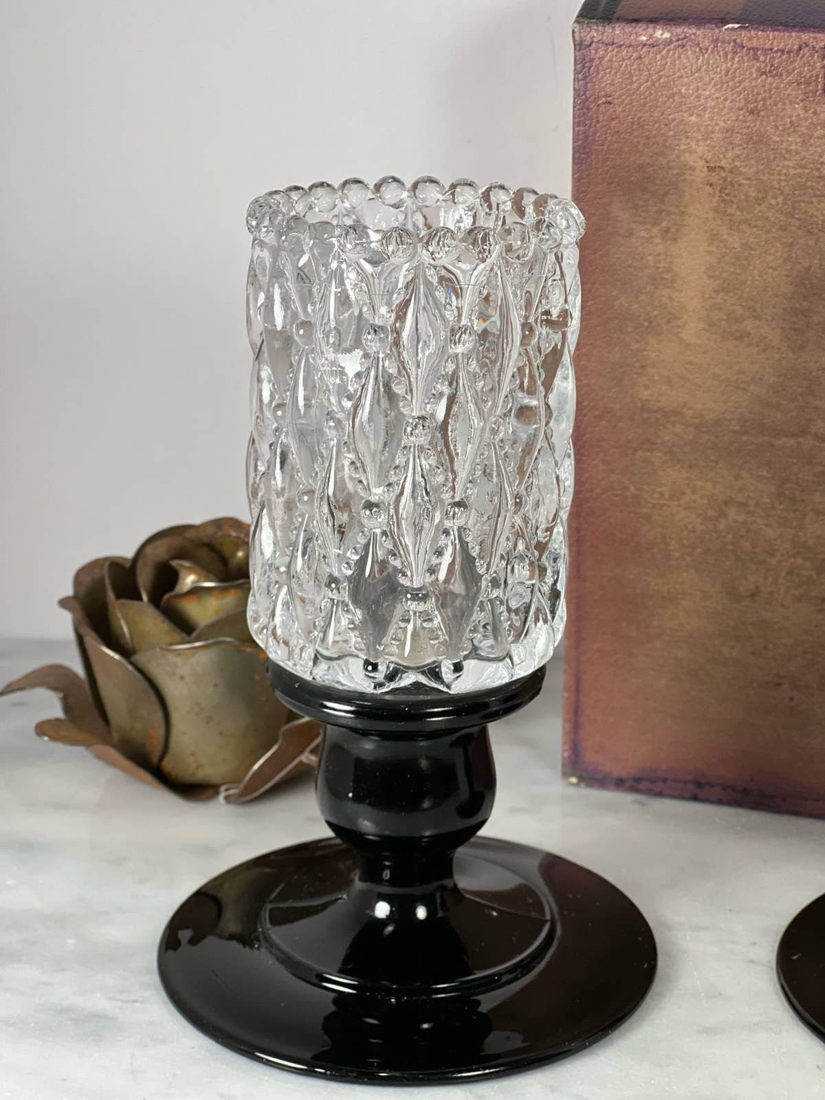 Vintage Black Glass Candlestick Holders & Glass Votive Inserts - Etsy