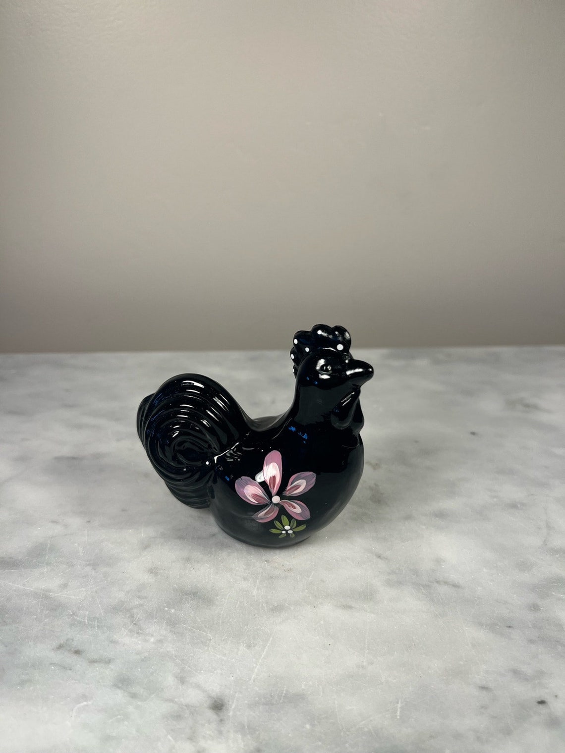 Fenton Glass Black Rooster Figurine Flower Power Collection Hand ...