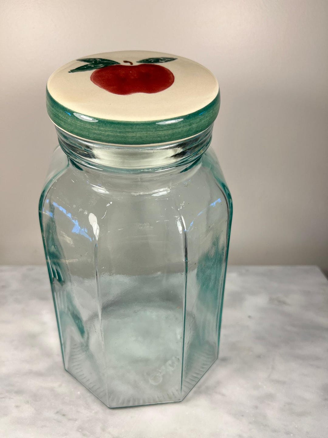 Vintage Italian Heavy Glass Ribbed Tilted Mouth Jar With Apple Ceramic ...