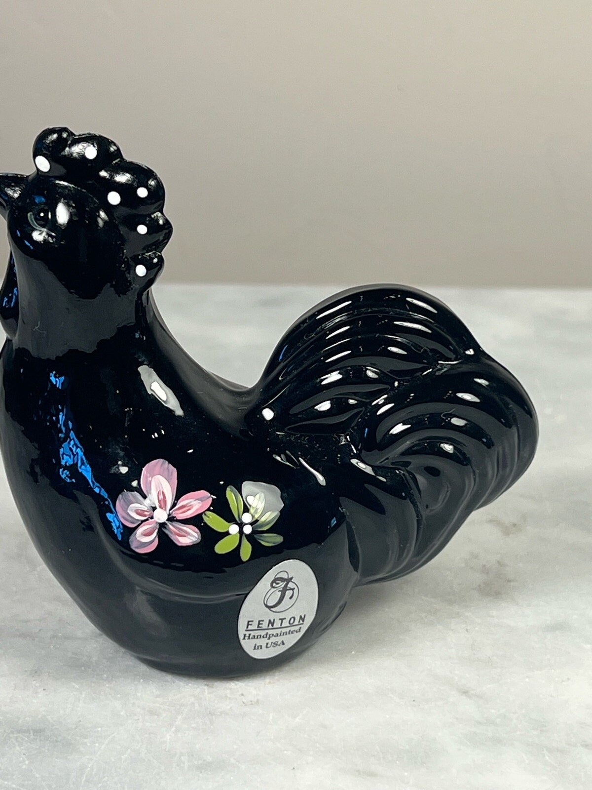 Fenton Glass Black Rooster Figurine Flower Power Collection Hand ...