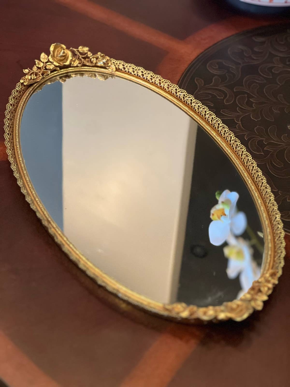 Vintage Vanity Mirror With Gold Roses and Laced Edge Mid - Etsy