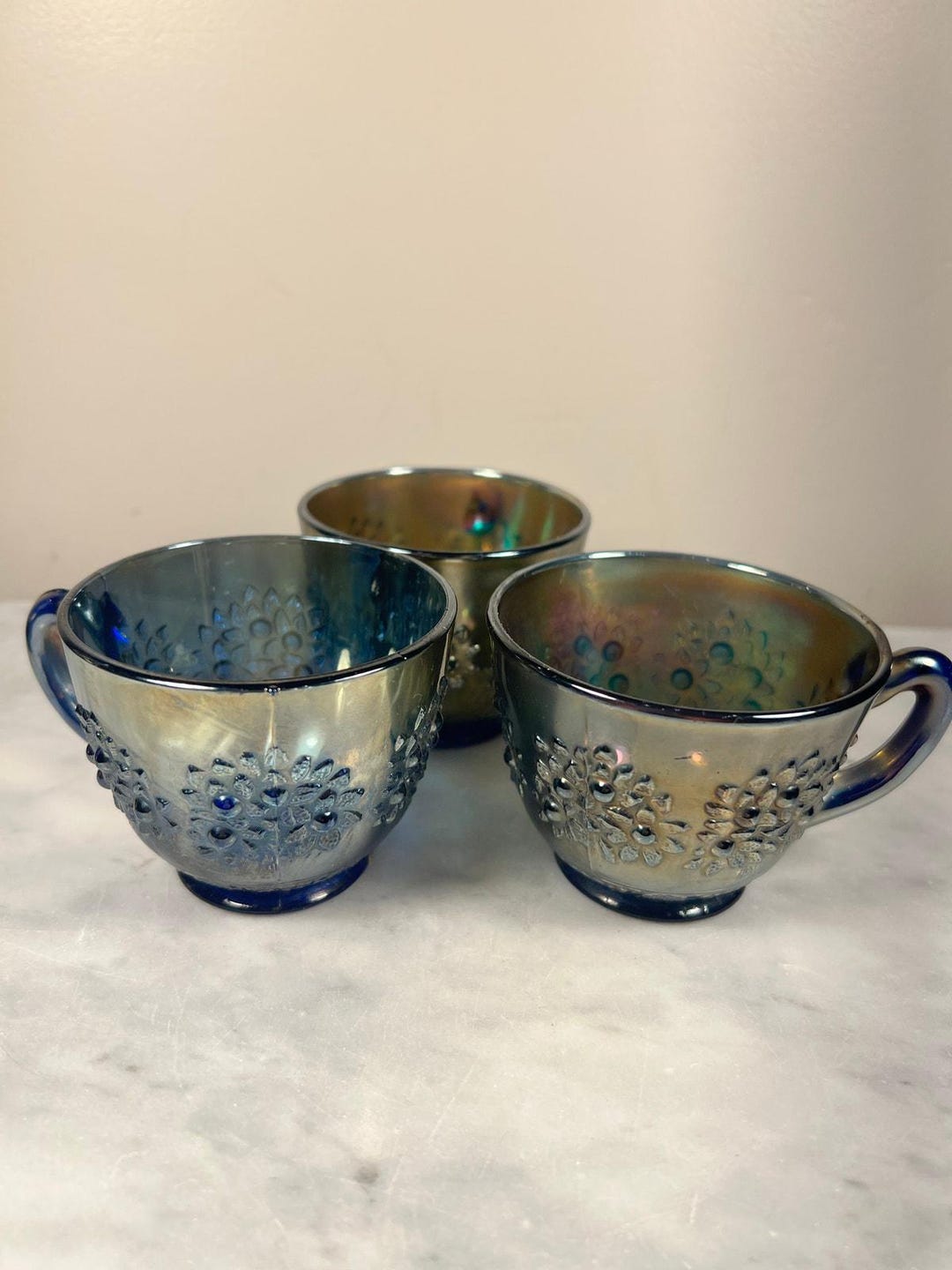 Antique Set of 3 Fenton Blue Carnival Glass Orange Tree Flared Cups ...