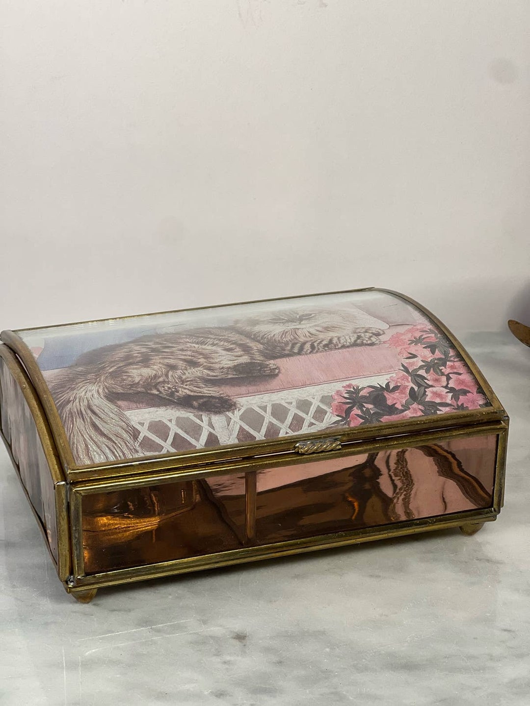 Vintage Glass and Brass Music Trinket Box With Beautiful Cat - Etsy