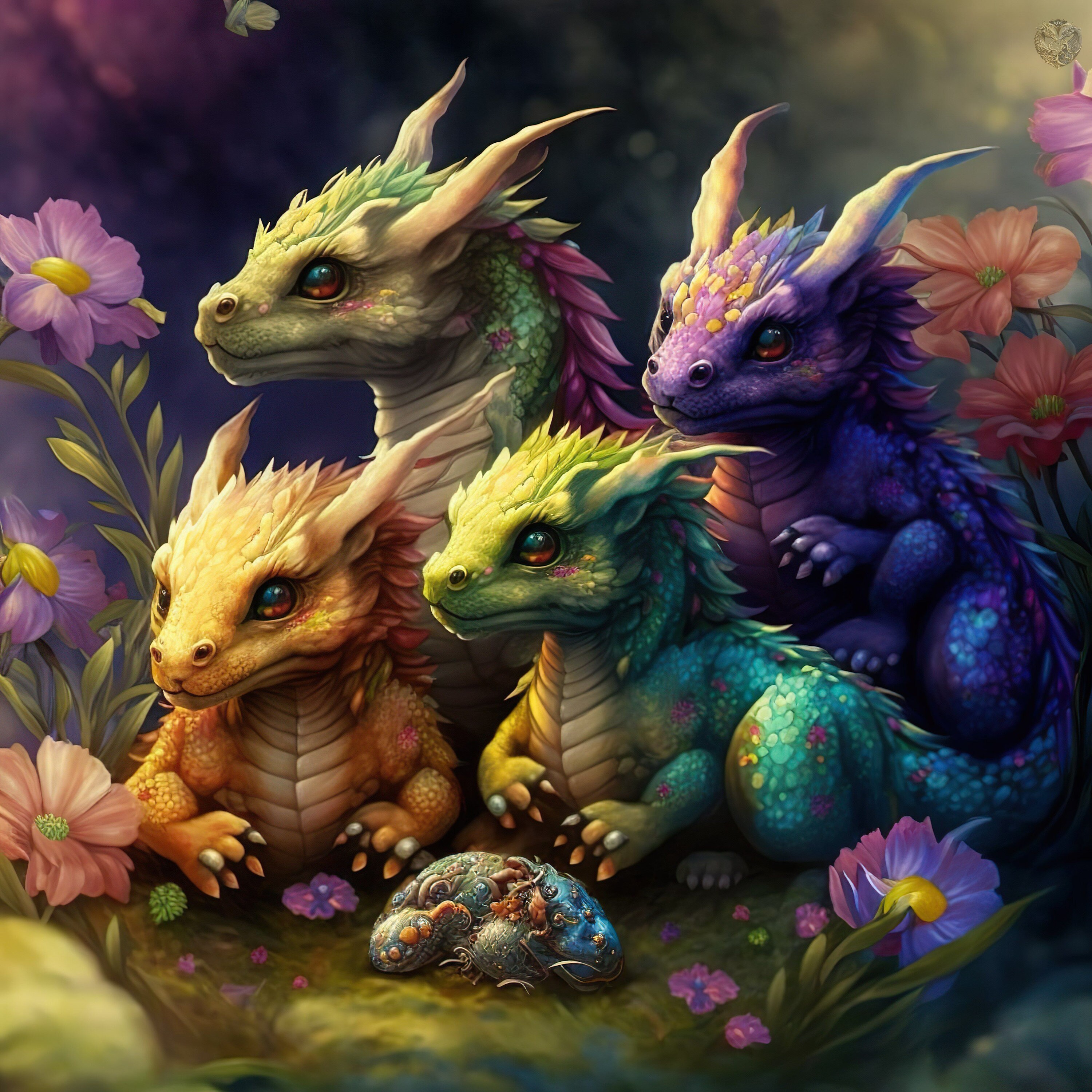 Group of Multicolor Baby Dragons in a Field of Flowers - Etsy