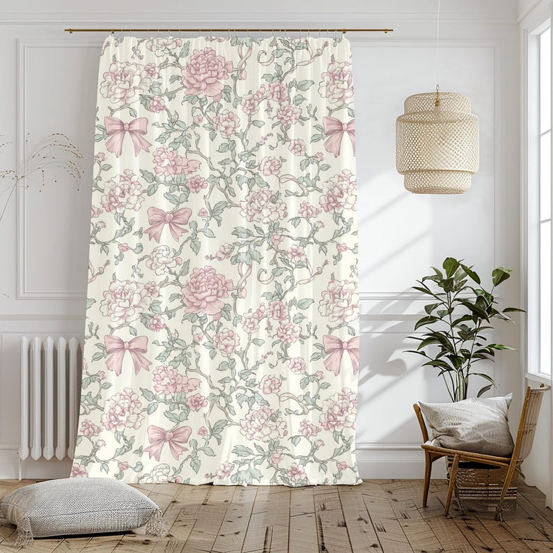Vintage Rose Bow Flower Patter Sheer Curtain Panel Watercolor Floral ...
