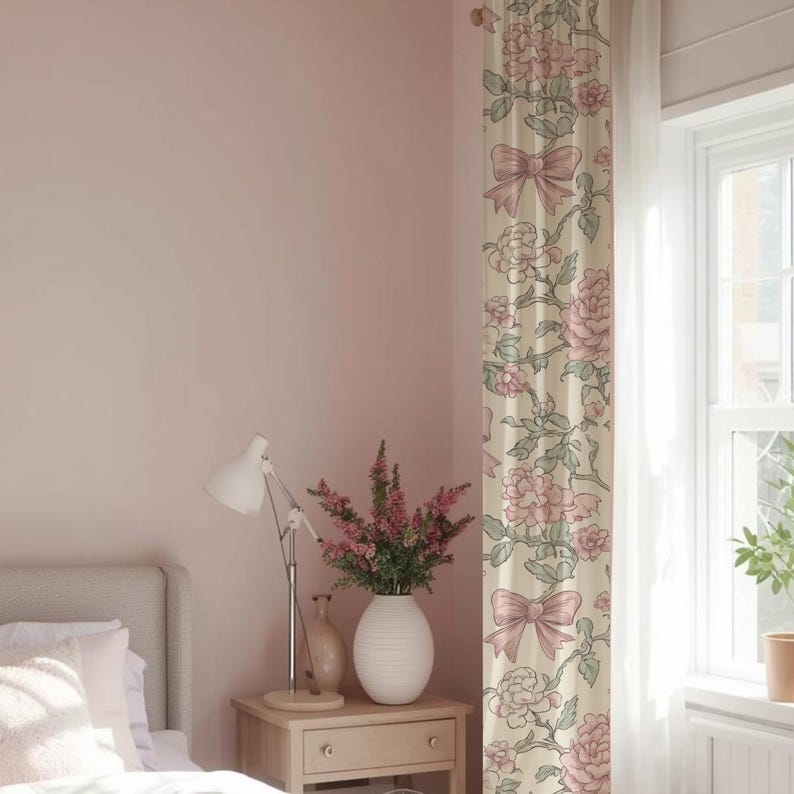 Vintage Rose Bow Flower Patter Sheer Curtain Panel Watercolor Floral ...