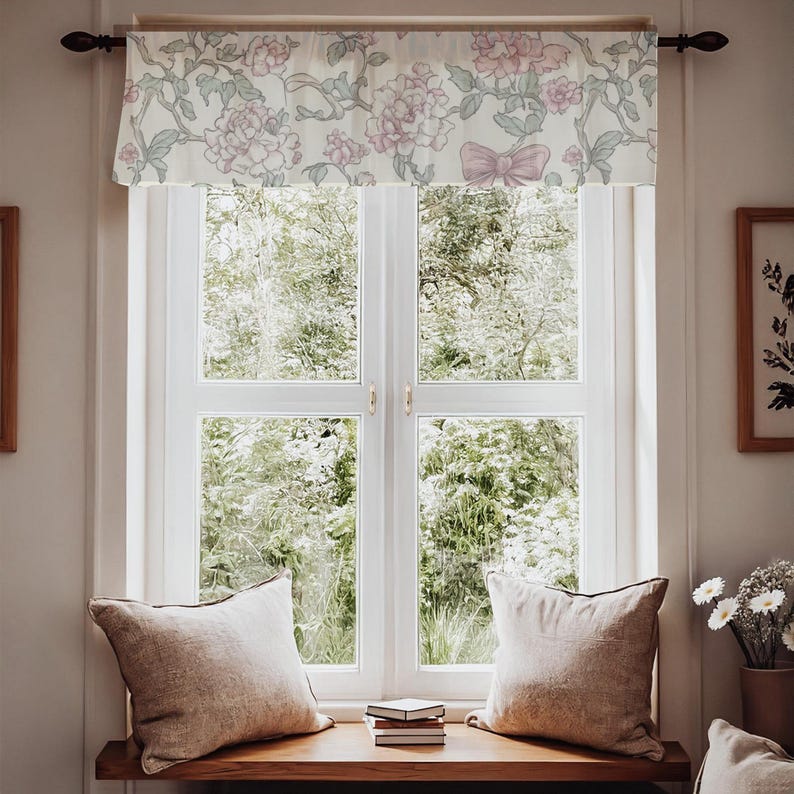 Vintage Rose Bow Flower Patter Sheer Curtain Panel Watercolor Floral ...