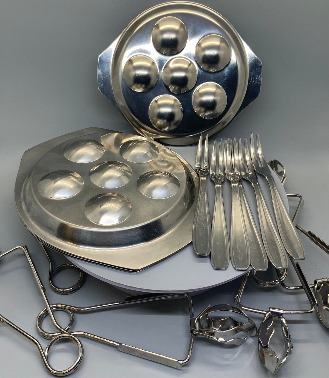 18 Piece Set of Escargot Stainless Steel Pans, Tongs and Forks; Made in ...