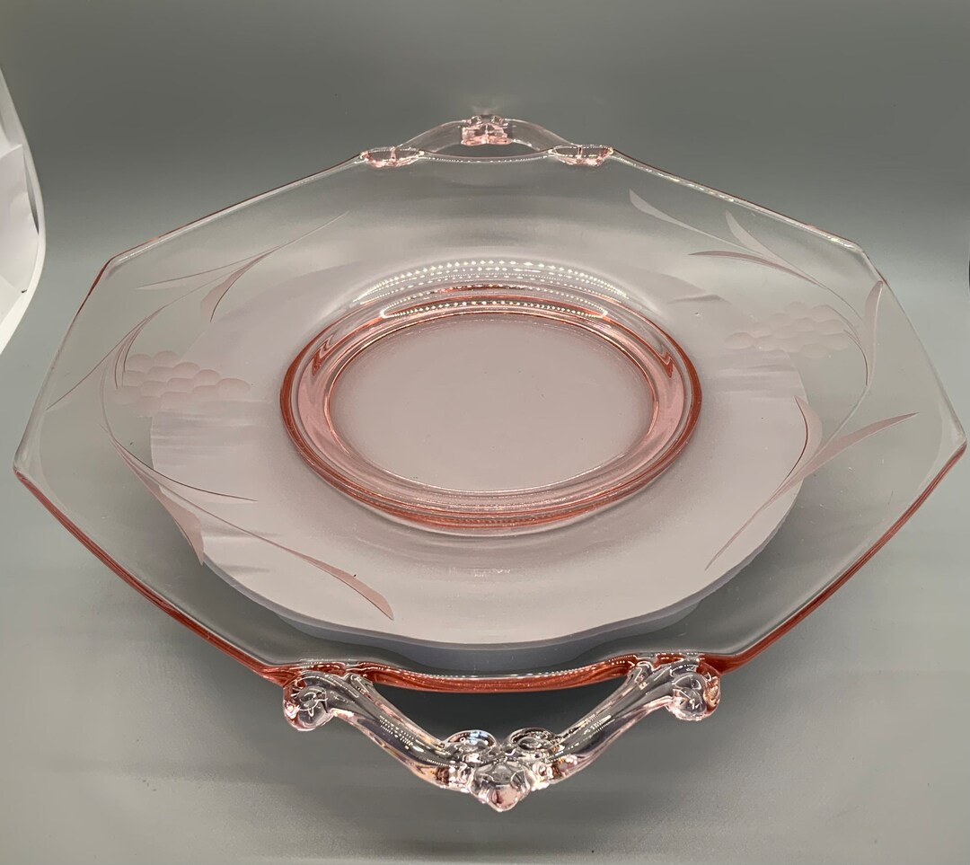 Vintage Pink Etched Glass Depression Ware Platter With Handles - Etsy