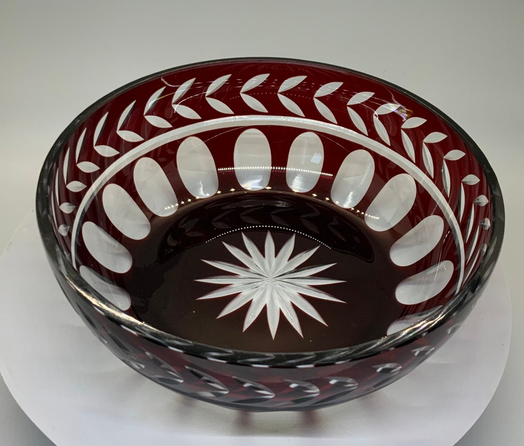 Four Bohemian Ruby Red and Clear Glass Cut Crystal Glass Bowls-serving ...