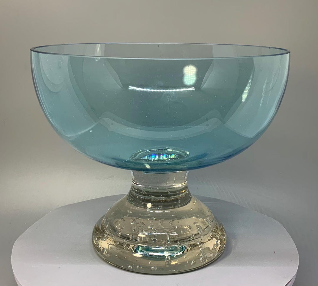 Vintage, Large, Ice Blue and Clear Glass Art Glass Pedestal Bowl - Etsy