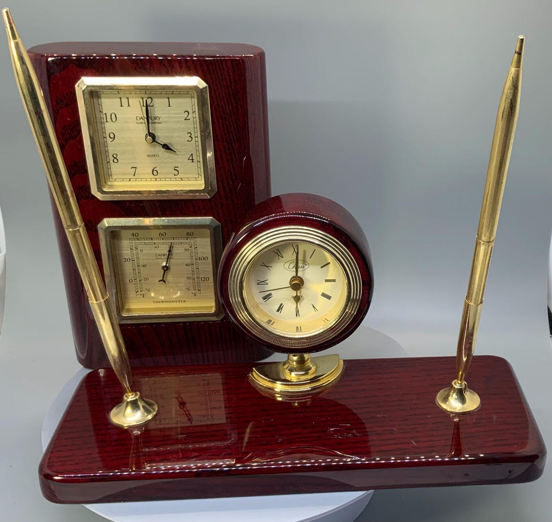 Elegant Cherry Wood and Brass Executive Desk Clock-desk Pen Holder and ...