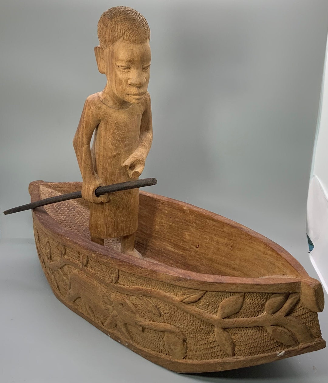 Large Vintage Tribal Art Sculpture, Solid Wood, Man Standing in Canoe ...