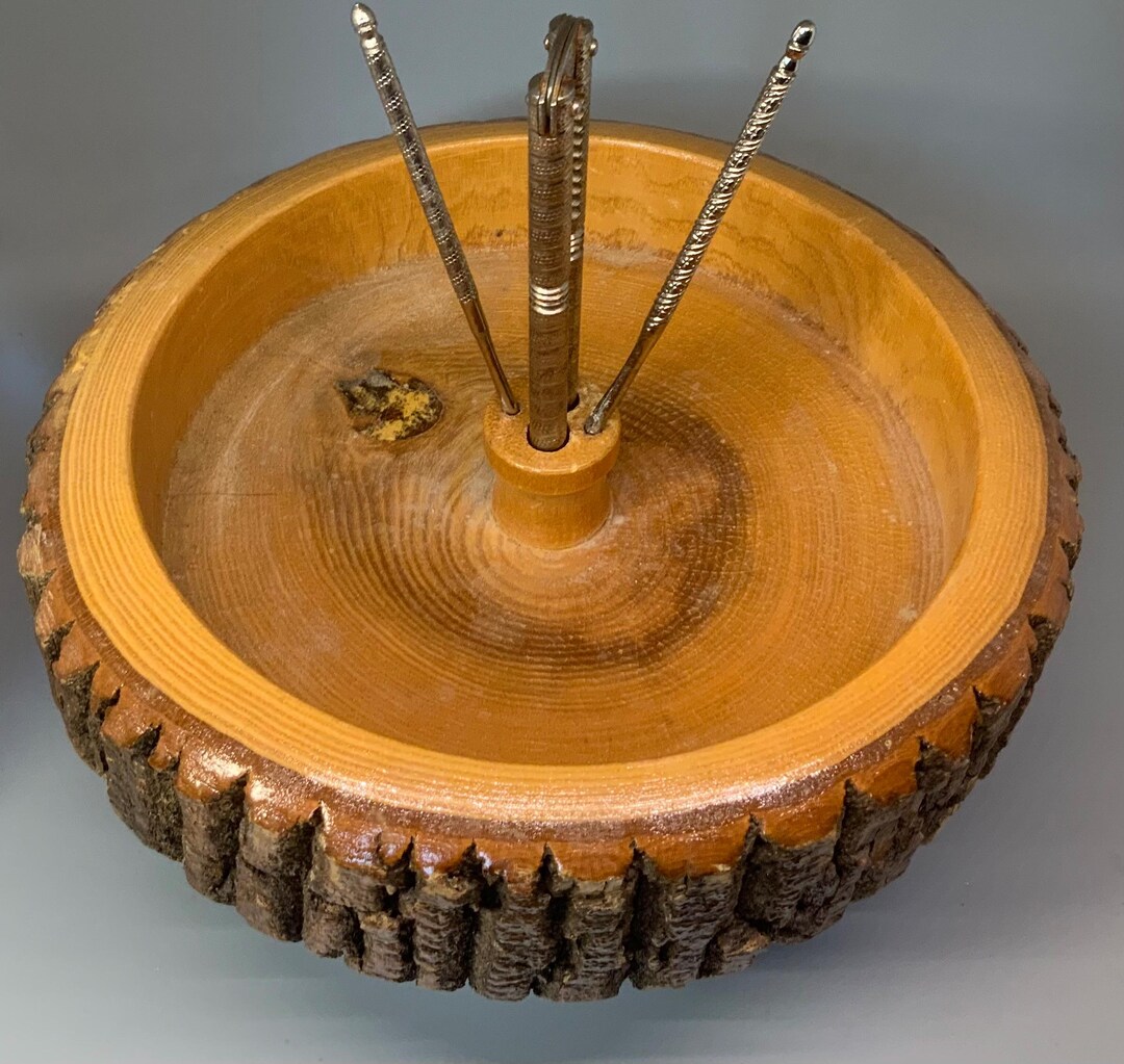 Vintage, Solid Wood, Tree Bark, Log Slice Nutcracker Bowl With Picks ...