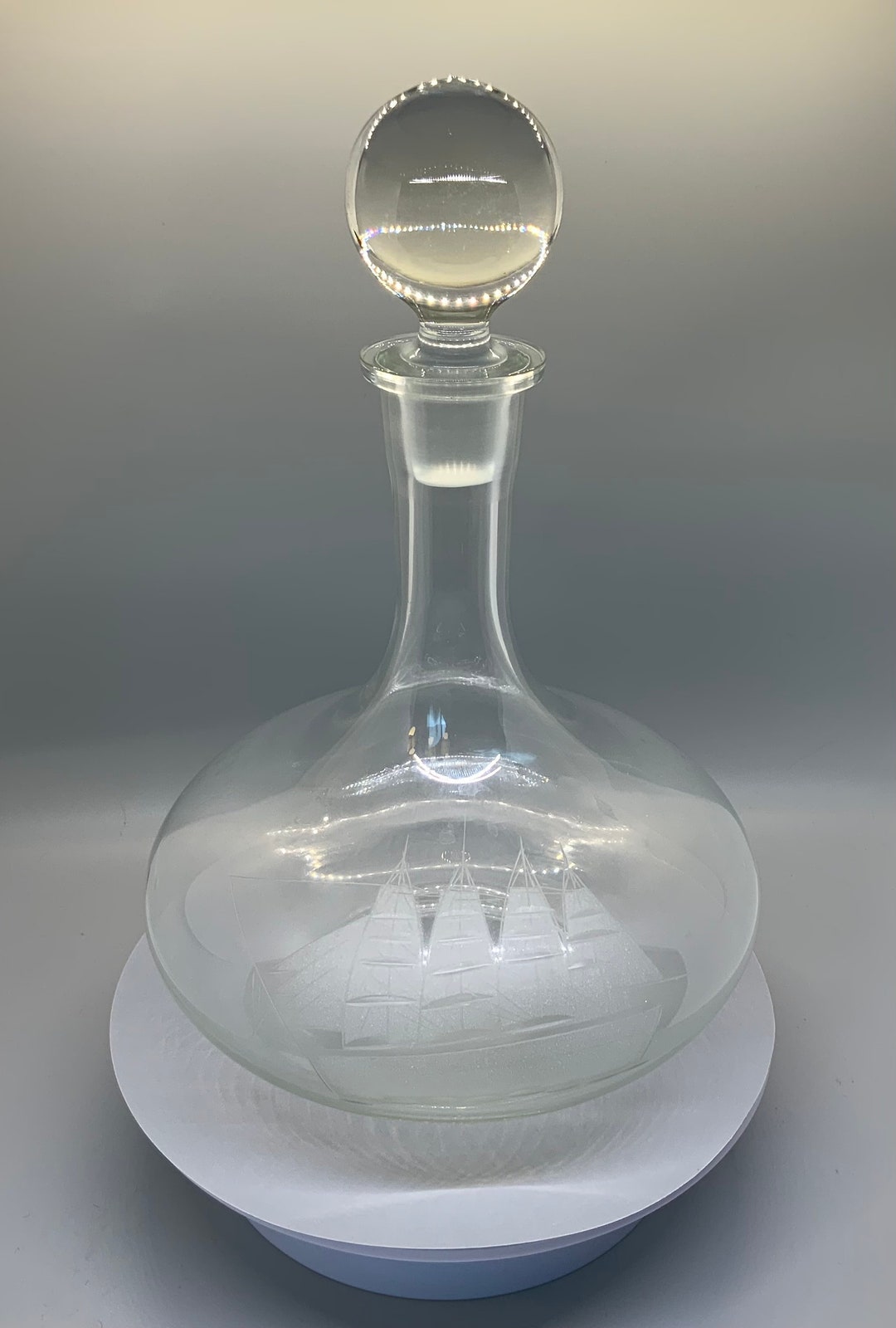 Vintage Etched Glass Clipper Ship Whiskey Decanter and Huge Hand Spun ...