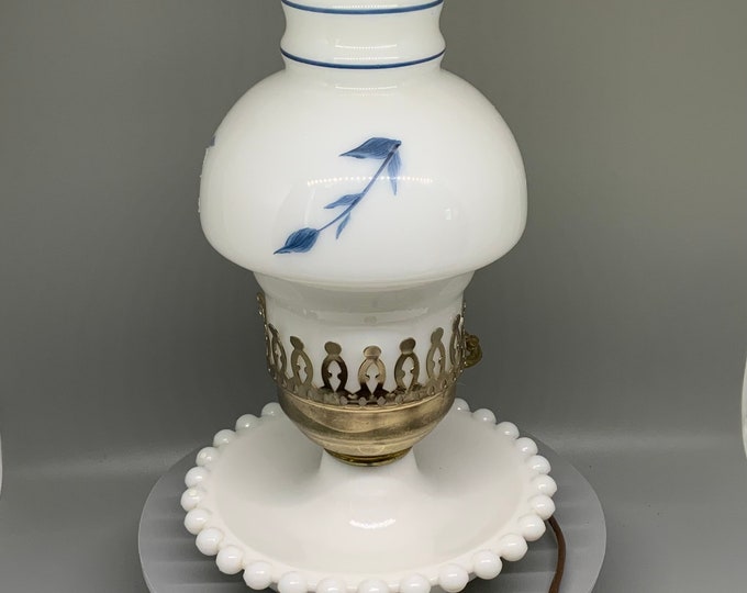Hobnail Hurricane Table Lamp With Blue Flowers - Etsy