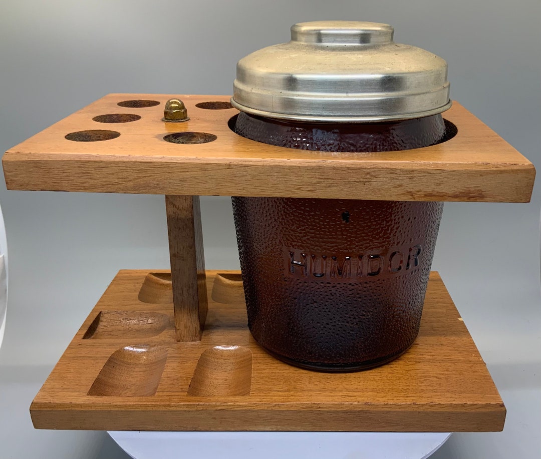 Vintage, Mid Century Modern, Wood Pipe Rack With Brown Glass Humidor ...