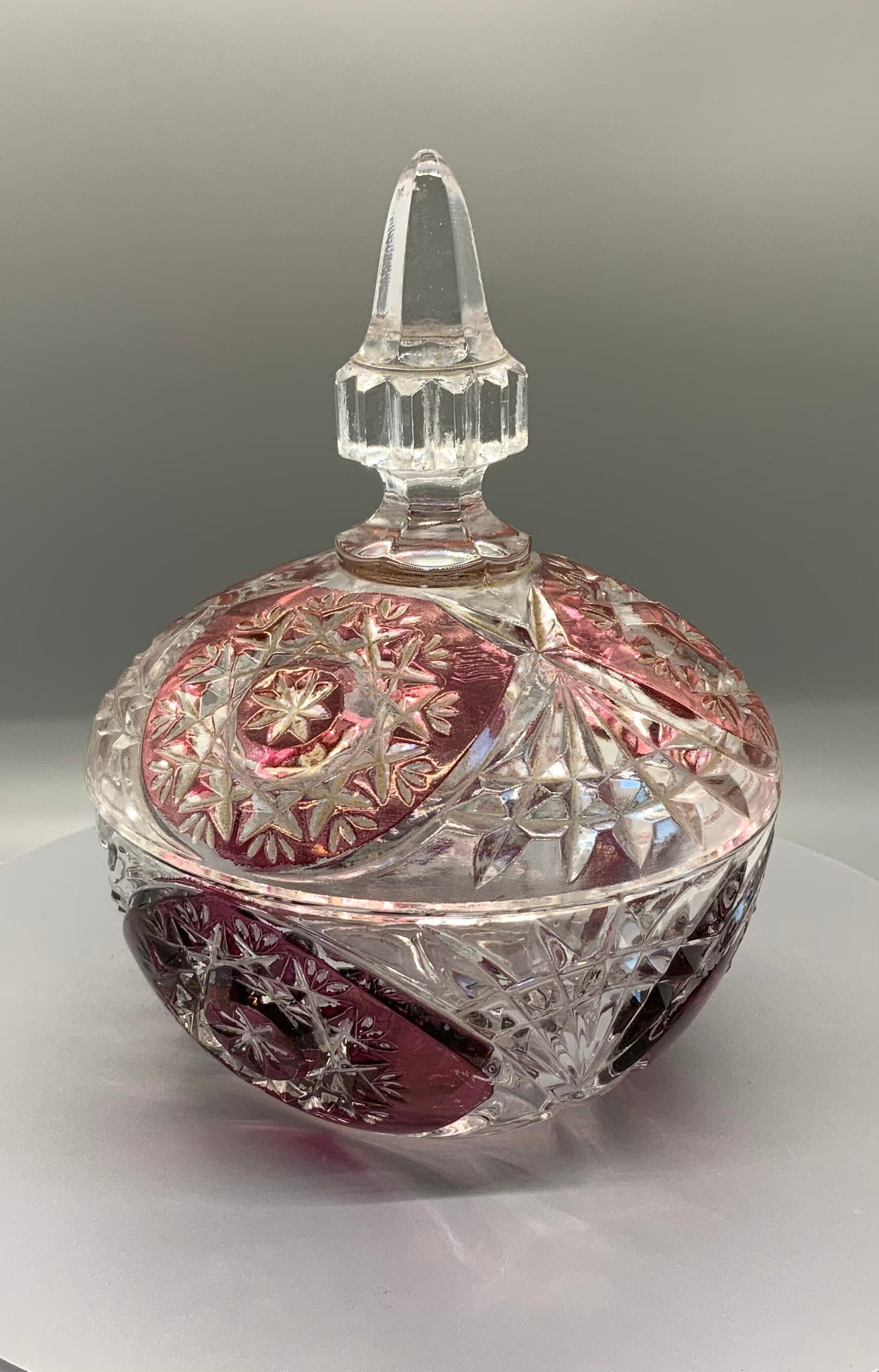Leaded Crystal, Lidded Candy Dish, Ruby Red and Clear, Snowflake ...
