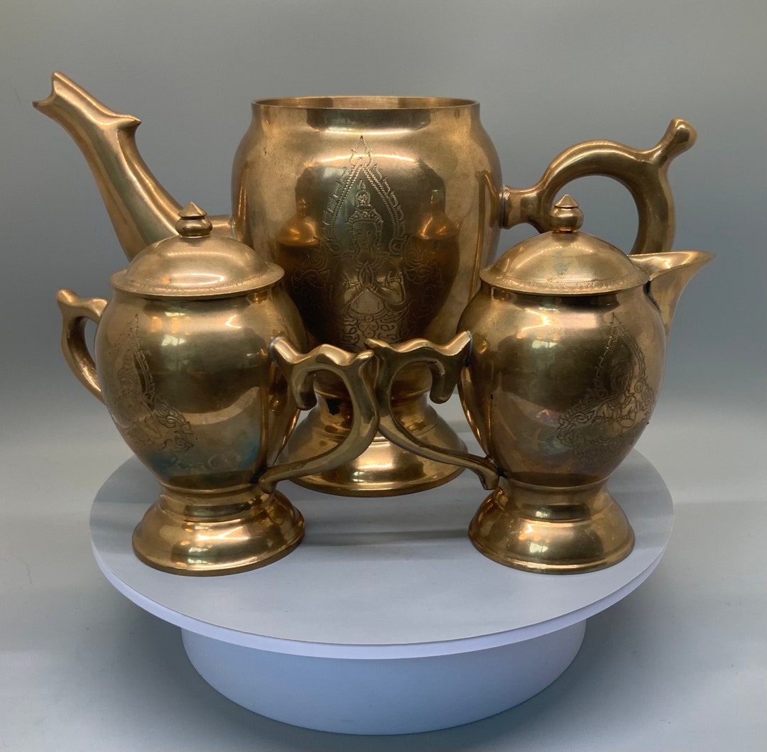 Vintage Hindu-india Brass Tea Pot, Lidded Creamer and Lidded Sugar ...