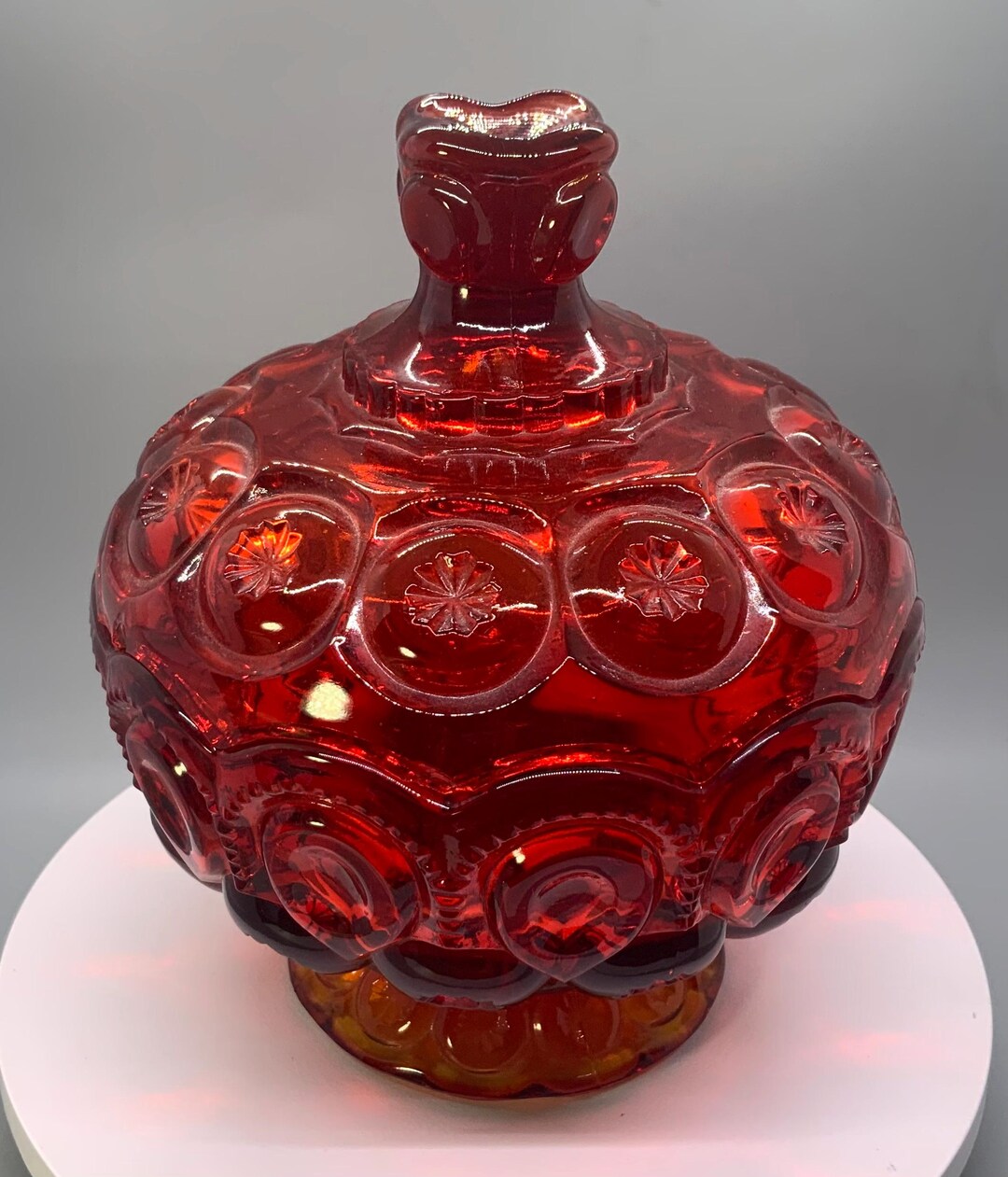 Vintage Ruby Red Kings Crown Covered Candy Dish Pressed Glass Pedestal ...