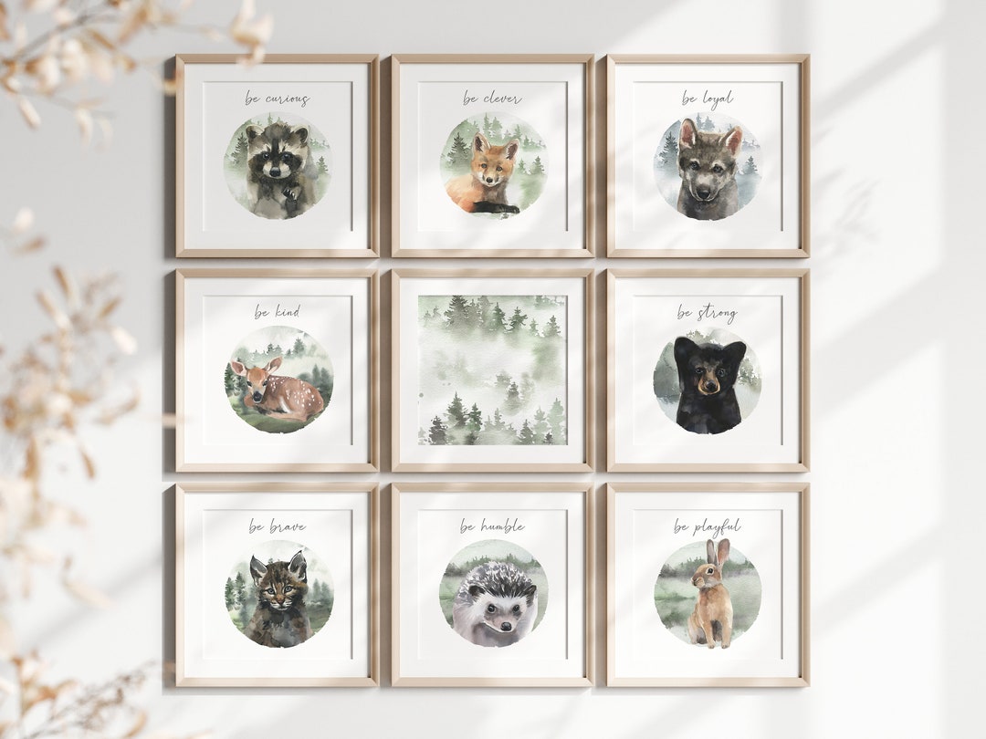 Woodland Baby Animals Nursery Square Wall Art Set of 9: Be Strong, Be ...